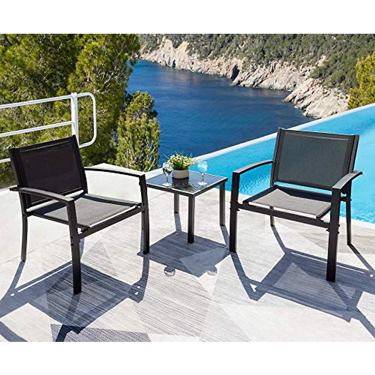 Tuoze 3 Pieces Patio Furniture Set Outdoor Garden Conversation Sets Modern Porch Furniture Lawn Chairs with Glass Coffee Table for Poolside Backyard Balcony