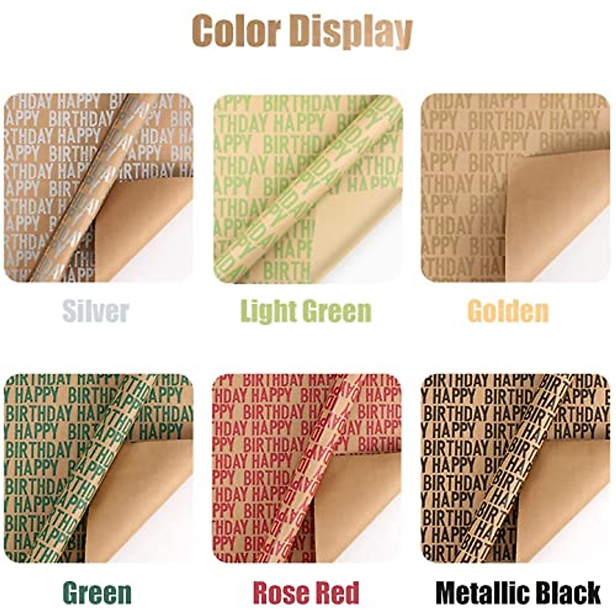 VETUZA Extra Large 40 x 28 Inches Folded Flat Happy Birthday Kraft Wrapping Paper Set of 6 (Extra Large Sheets: 47 sq. ft. ttl.) for Men Boys Women Adults Kids Girls