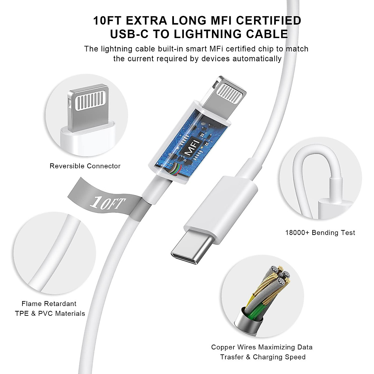 CREHAO iPhone Fast Charger, [MFi Certified] 20W PD USB C Wall Charger Block Plug with 10FT Extra Long Type C to Lightning Fast Charging Data Sync Cable Compatible for iPhone 14 13 12 11 XS XR X 8 iPad