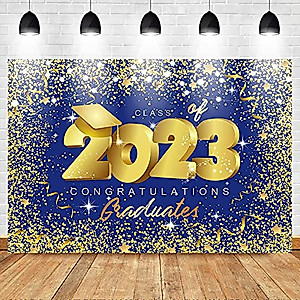 Mocsicka Class of 2023 Backdrop 7x5ft Royal Blue and Gold Glitter Congrats Grad Party Photo Backdrops Graduation Party Photography Studio Background
