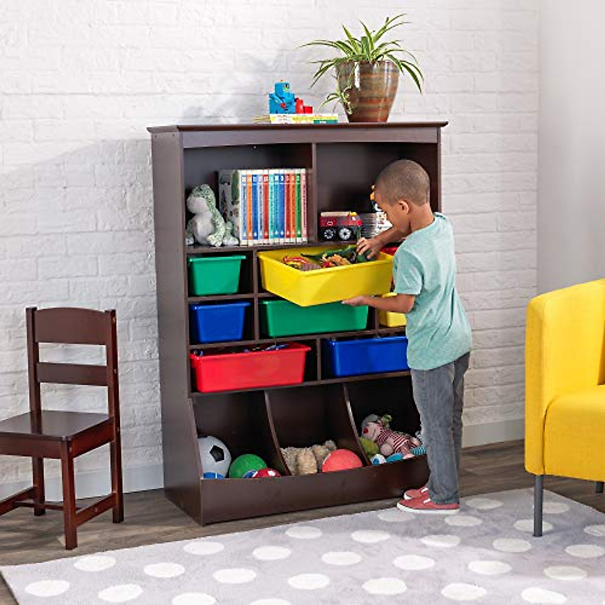 KidKraft Wooden Wall Storage Unit with 8 Plastic Bins and 13 Compartments, Espresso, Gift for Ages 3+