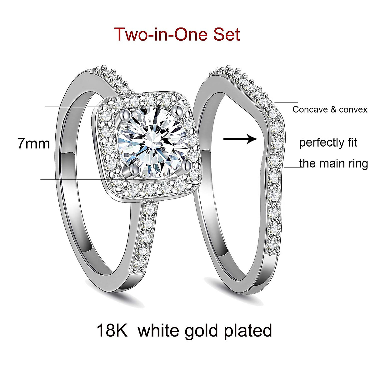 OPOMOMO Engagement Ring Set,18K White Gold Plated Cubic Zirconia Promise Eternity Rings for Women Pack of 2 PCS (5)