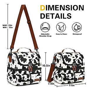 LOKASS Lunch Box for Women-Double Deck Insulated Adults Lunch Bag with Removable Shoulder Strap-Cow Print Cute Wide Open Lunch Tote for Work/Office/Picnic/Beach/Travel