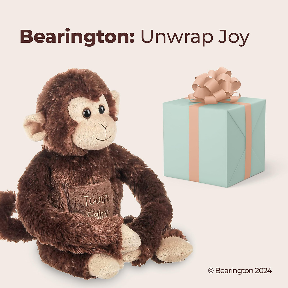 Bearington 12 In Tooth Fairy Door Hanger Stuffed Animal, Lil' Swings Monkey Tooth Holder, Fairy Doll with Pocket Pouch