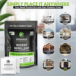 BugBarrier's Extra-Strength Mouse Repellent Pouches, USDA 99% Biobased, Peppermint & Rosemary Oils Repel Mice Nesting & Freshen Air in Car, RV, Boat, Garage, Shed, Cabin Made in The USA (Pack of 20)