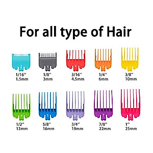 HOP Professional hair clipper guards attachments set-Trimmer guard attachment kit-Replacement guides combs-10 Pcs color coded from 1/16 to 1 inch-Universal clip fit all full-size Wahl clippers blades