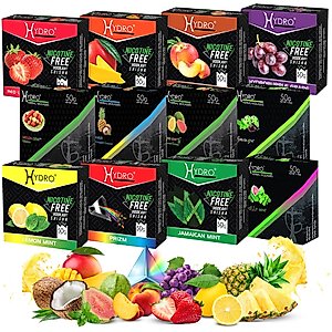 Hydro Hookah Flavors Shisha Strawberry, Mango, Peach, Grape, Melon, Coconut, Guava, Chocolate Mint, Lemon Mint, Jamaican Mint, Watermelon Mint Flavors & More, 50-Gram Packs (Pack of 12)