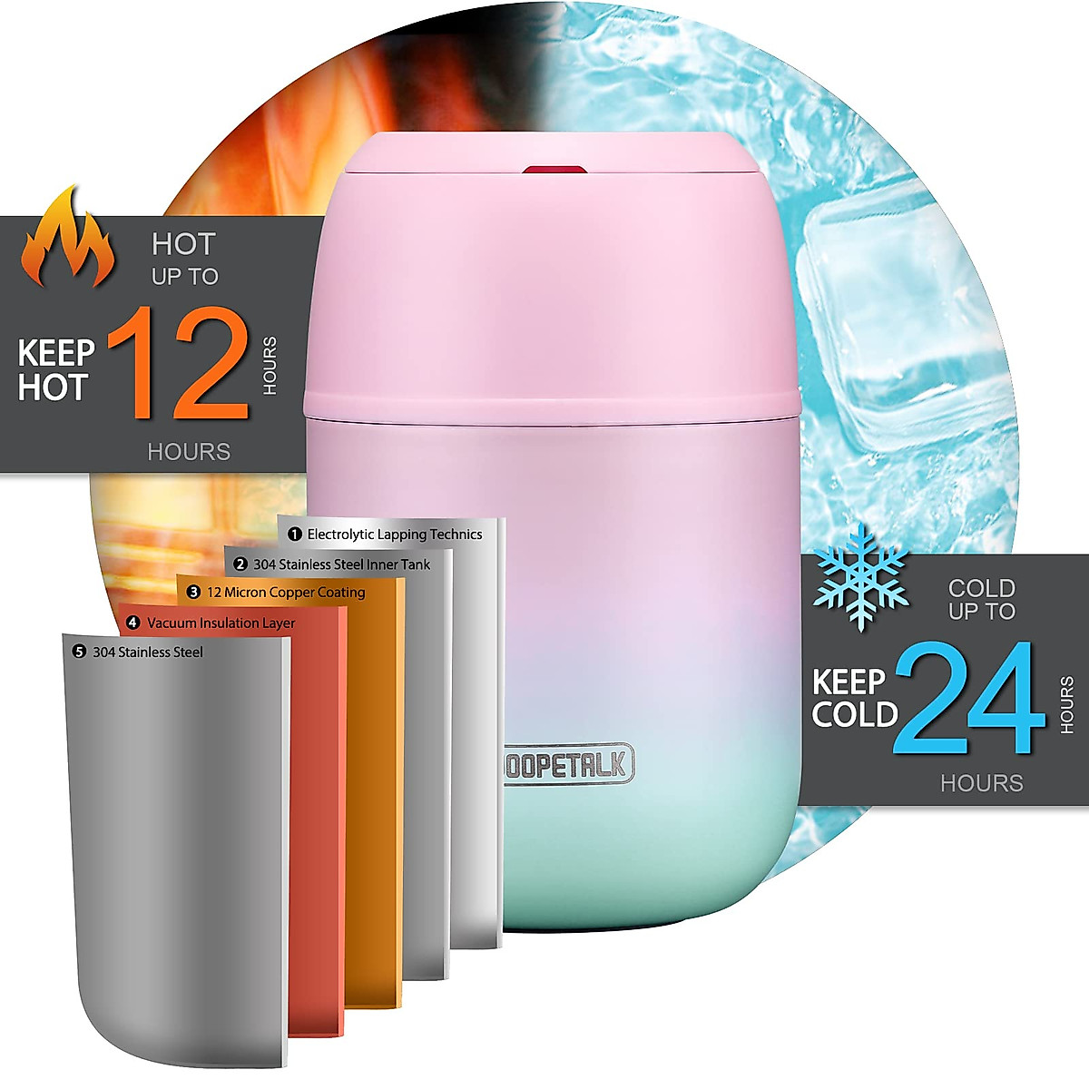 17 oz Insulated Lunch Containers Hot Food Jar, Wide Mouth Lunch Thermo for Kids Adults, Vacuum Stainless Steel Lunch Box With Handle Folding Spoon for School, Office (Blue-Pink)