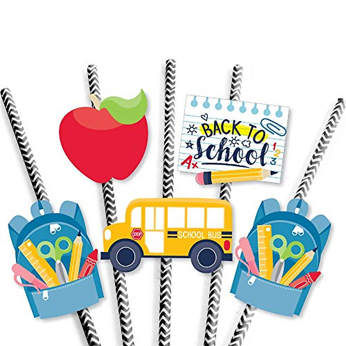 Big Dot of Happiness Back to School - Paper Straw Decor - First Day of School Classroom Striped Decorative Straws - Set of 24