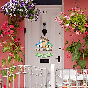 TOARTi Colorful Welcome Spring Front Door Sign Hanging(13.6"x11.8"), Blooming Flowers Butterfly Birdhouse Wall Sign Plaque, Wooden Garden Fence Hanger for Home Porch Farmhouse Cafe