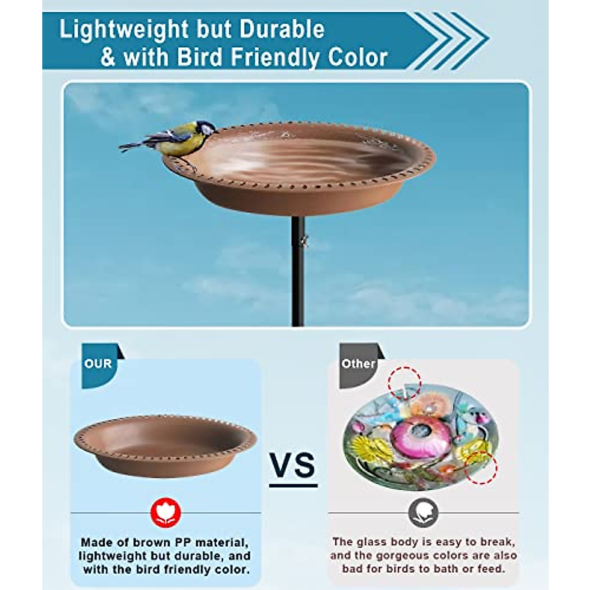 Koutemie 1-¼ Gallon Detachable Free Standing Garden Bird Bath Bird Feeder Bowl with Metal Stake for Outdoor, Bird Friendly Color - Deep Brown, 29 Inch