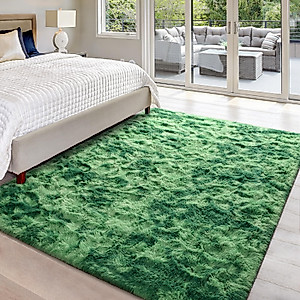 Hutha 4x6 Large Area Rugs for Living Room, Super Soft Fluffy Modern Bedroom Rug, Tie-Dyed Green Indoor Shag Fuzzy Carpets for Girls Kids Nursery Room Home Decor