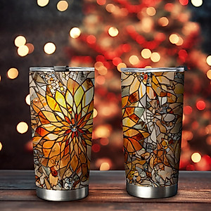 ORCAE 20oz Beautiful Colorful Daisy Flower, Stained Glass Style Flowers, Yellow Flower Tumbler Cup, Insulated Travel Mug with Lid, Coffee Thermos for Men, Women, Gifts for Women - A