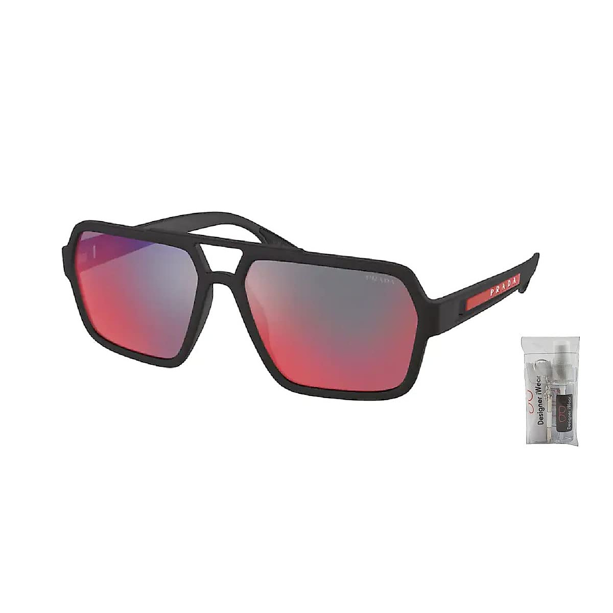 Prada PS01XS DG008F 59MM Black Rubber/Dark Grey Mirror Blue/Red Rectangular Sunglasses for Men + BUNDLE With Designer iWear Eyewear Kit