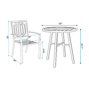 PHI VILLA Metal Outdoor Patio Bistro Set 3 Piece Dining Furniture - Black