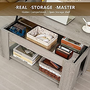 WEENFON 38" Lift Top Coffee Table with Hidden Compartment & Open Storage Shelf, Pop Up Coffee Table for Living Room, Office, Grey
