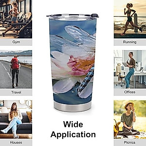 FHENMSA Reusable Plastic Water Cups with Lids,Dragonfly Lotus Print Anti-overflow Cup,sports Travel Coffee Cup