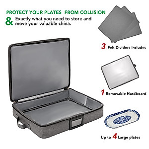 Platter Storage Case, China Storage Containers, Hard Shell and Stackable, 17'' x 13 inchs'' With Waterproof Inside - 4 Felt Dividers Included (Gray)