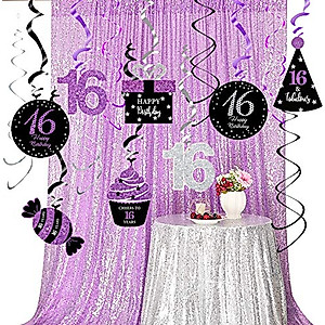 Sweet 16 Birthday Decorations Purple-Sweet 16 Purple Party 16th Birthday Banner 16th Birthday Party Supplies Purple Silver Black Foil Hanging Swirls for Girl 16th Birthday Party Decorations