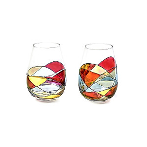 Antoni Barcelona Stemless Wine Glasses 21Oz Hand Painted Mouth Blown Sagrada Familia Gaudi Style Unique Gifts Ideas Authentic Sold Since 2016 Set 2 Original Stainned Crystal Art Lovers