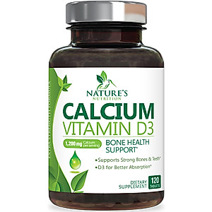 Calcium 1200 mg Plus Vitamin D3, Bone Health & Immune Support - Nature's Calcium Supplement with Extra Strength Vitamin D for Extra Strength Carbonate Absorption Dietary Supplement - 120 Tablets