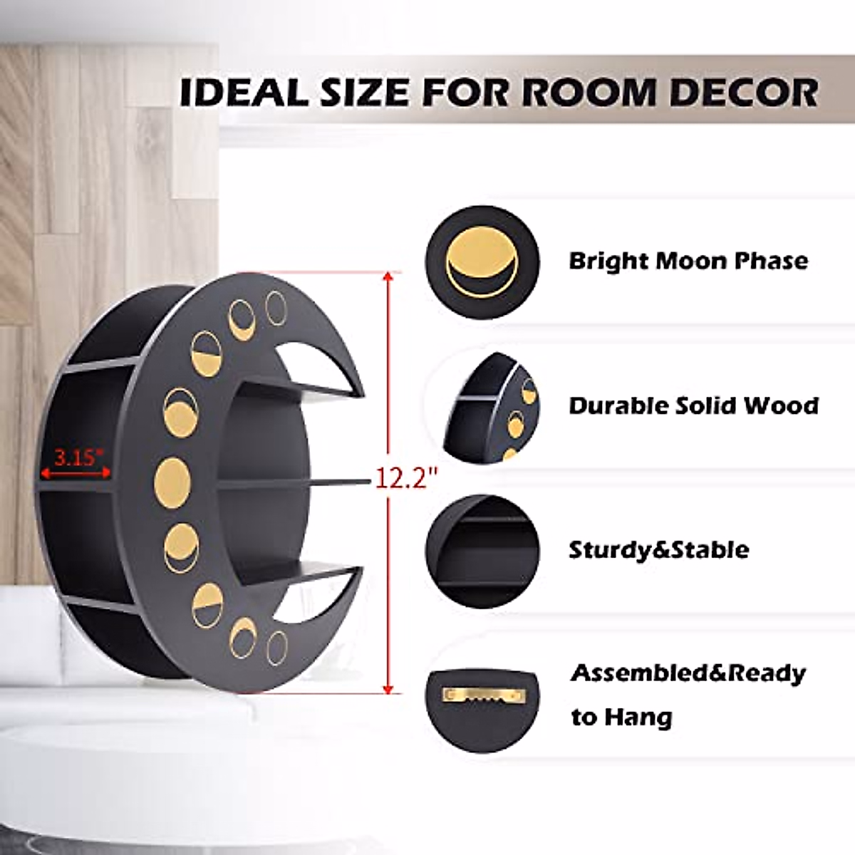 Myuilor Crescent Moon Shelf, Wooden Moon Shelf for Crystals, Stones & Essential Oils, Crystal Shelf Display Pine Floating Circle Shelf, Crystal Moon Shelves(Black)