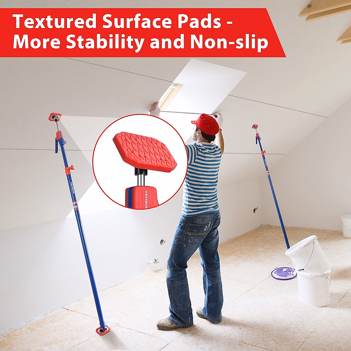 WORKPRO Cabinet Jack Support Pole, 54-114 Inches Steel Telescopic Quick Support Rod Adjustable 3rd Hand Support System with 154 lbs Capacity for Cabinet Jack, Drywall Jack& Cargo Bars, 2-Pack