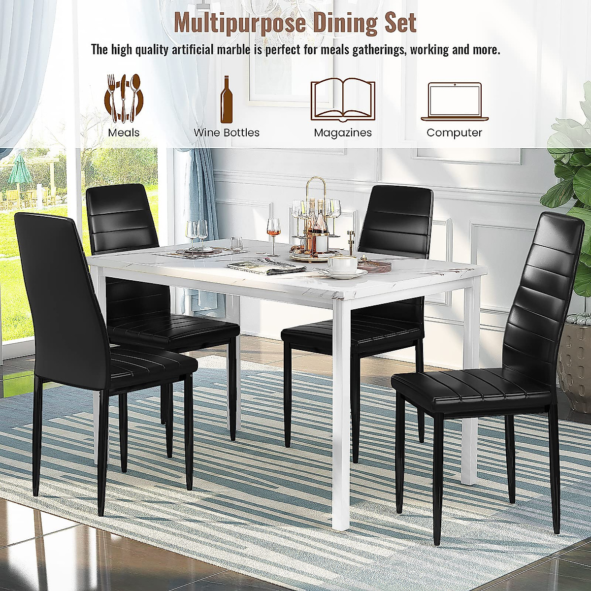 Lamerge Dining Table Set for 4, Marble Kitchen Table and Chairs for 4, Comfortable PU Leather Chairs,Dining RoomTable Set for Small Space,Living Room, Breakfast Nook,Black+White