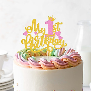 Pink Gold Glitter My 1st Birthday Cake Topper,Happy 1st Birthday Party Decorations Supplies for Girl,One Year Old Cake Decor,Baby Shower Party Decorations
