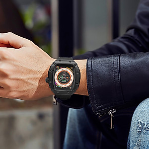 Luxury Case for Apple Watch FKM Band 49mm, Rugged Bumper Metal Cover + Built-in Glass + Fluoroelastomer Strap for Men's Heavy Duty iWatch Series Ultra 2 49mm Protective Case (49mm, Black)