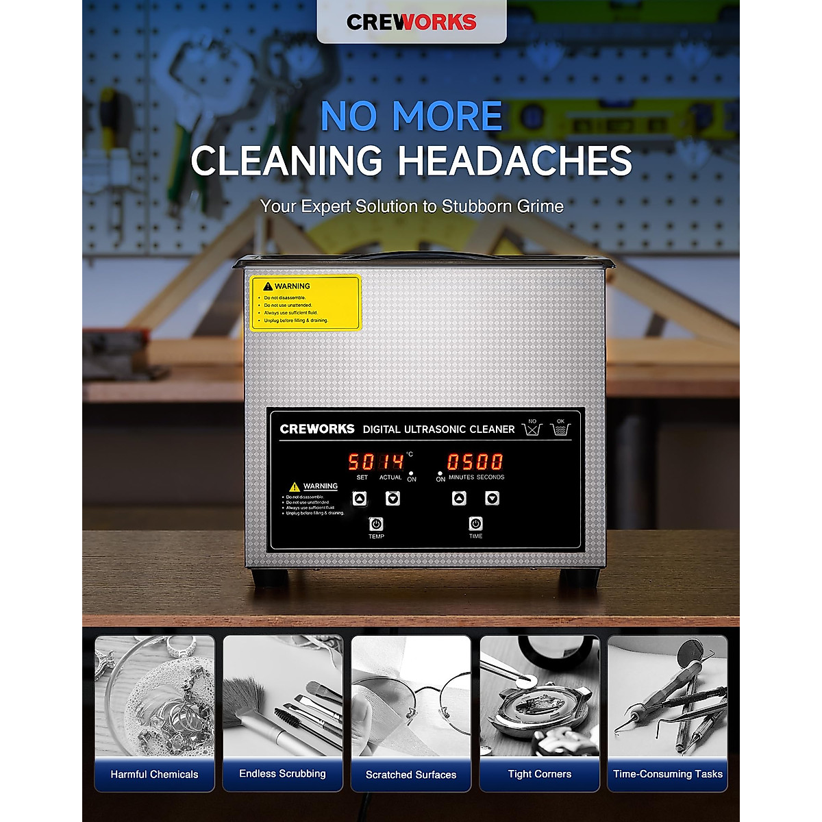 CREWORKS 3L Ultrasonic Cleaner, 0.8 gal Digital Sonic Cavitation Machine, 120W Stainless Steel Professional Jewelry Cleaner for Cleaning Tool Watch Glasses Retainer Denture Parts with Heater & Timer