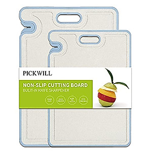 PICKWILL Plastic Cutting Board Set, Plastic Chopping Boards for Kitchen with Knife Sharpener, BPA Free Cutting Boards with Juice Grooves Easy-Grip Handle, Non-Slip, Non-Porous, Dishwasher Safe