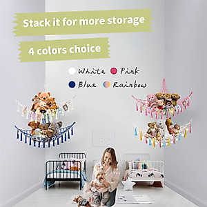 UNKENBO Stuffed Animal Storage Hammock - Macrame Toy Hammock with Photo Clips, Star String Lights, Space Saving Hanging Corner Stuffed Animal Net or Hammock, Boho Kids Bedroom Decor (Cream)