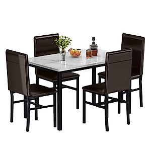 AWQM 5 Pieces Dining Table Set, Kitchen Table Set with Faux Marble Top Table and 4 Faux Leather Upholstered Chairs for Kitchen, Breakfast Nook, Dining Room, Black