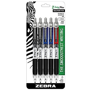 Zebra Pen Z-Grip Plus Retractable Ballpoint Pen, Medium Point, 1.0mm, Assorted Ink, Assorted Barrel Colors, 5-Count
