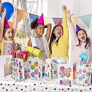 AnyDesign 12Pcs Birthday Gift Bag with Handle Colorful Happy Birthday Paper Favor Bags Watercolor Candle Balloon Cupcake Print Party Bags for Baby Shower Girls Boys Candy Cookie, 5.9 x 8.3 x 3.1 In