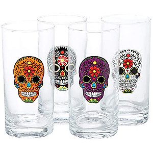 Circleware Halloween Sugar Skull Hiball Cooler, Set of 4 Heavy Drinking Glass Tumbler Cups for Water, Juice, Milk, Beer, Whiskey, Vodka, Farmhouse Decor, 14.5 oz, Black, White, Purple, Orange