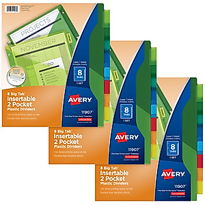 Avery 8-Tab Plastic Pocket Dividers for Home Office or Homeschool Supplies, Insertable Multicolor, 3 Sets (11907)