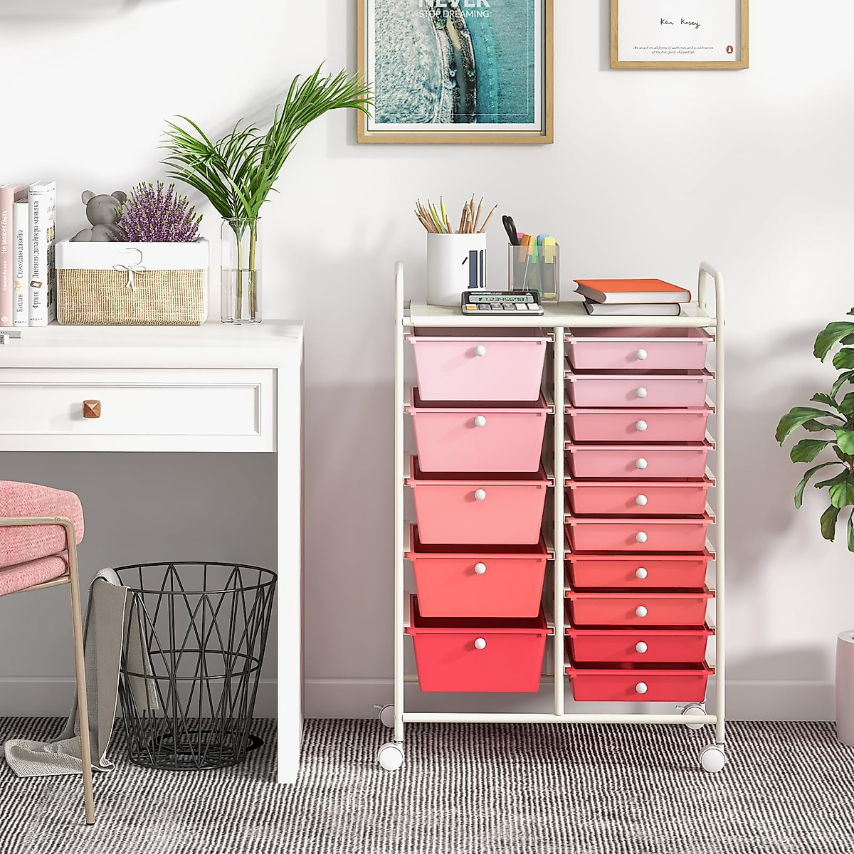 Giantex 15 Drawers Rolling Cart, Classroom Organizers, Storage Cart with Wheels, for Teacher Office Home School Supplies Tool Craft Art Paper