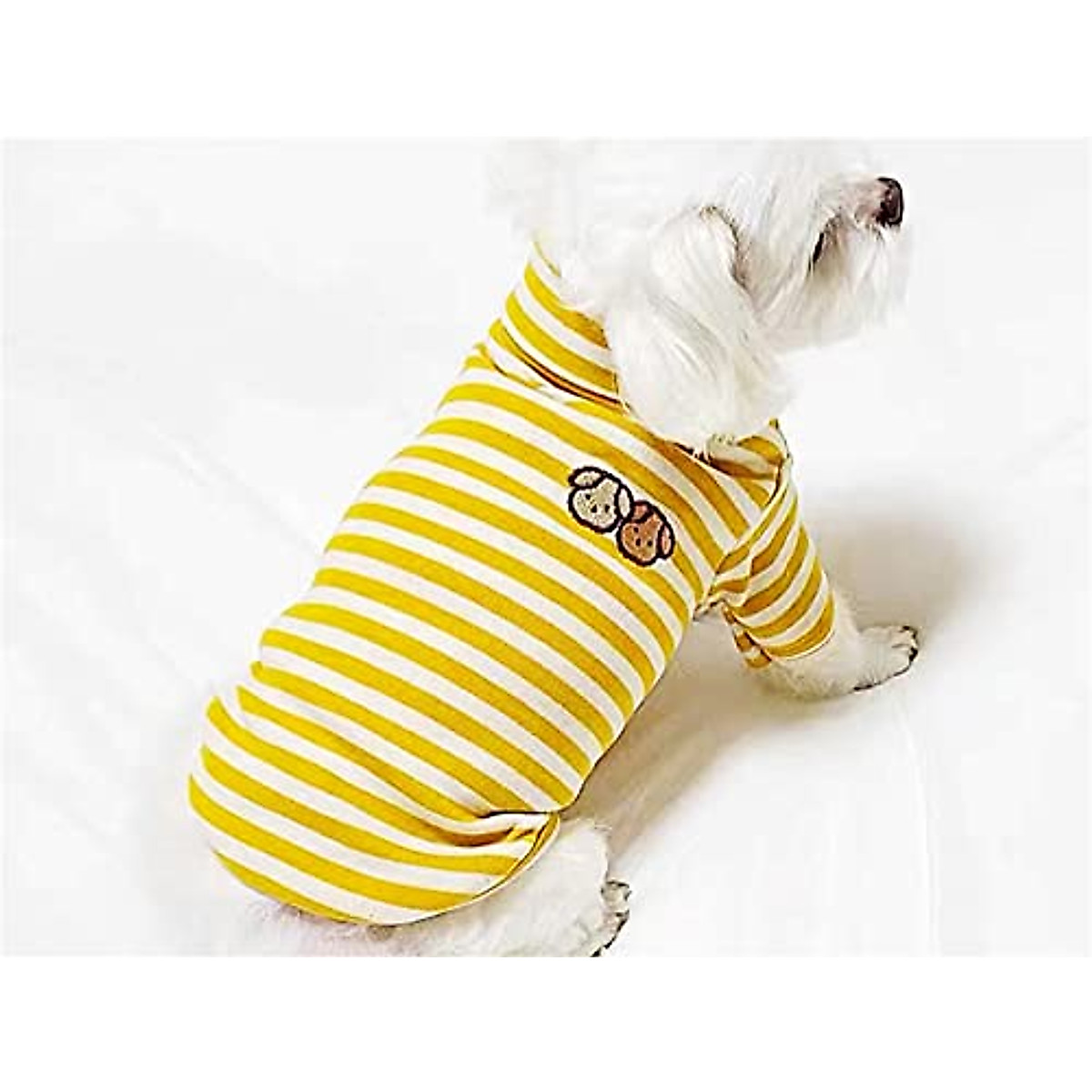 Cute Doggie Embroidery Dog Shirts Pet Cotton Striped T-Shirt Breathable Stretchy Dog Sweater Turtleneck Knitted Puppy Pullover for Cats Small Dogs (Small, Yellow Striped)