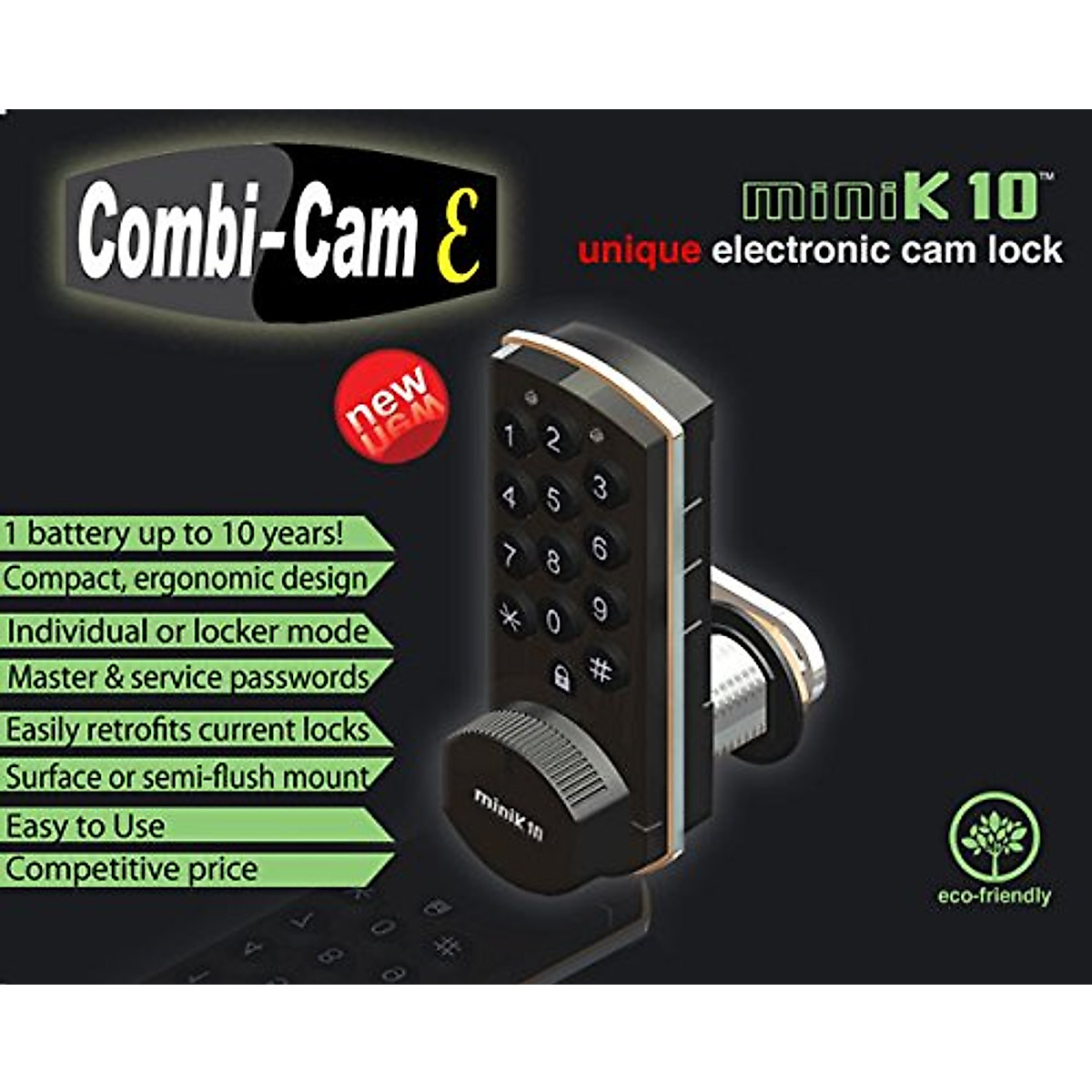 FJM Security Products Combi-Cam E, 7910-K10, Electronic Cabinet Lock, Black Finish, Small