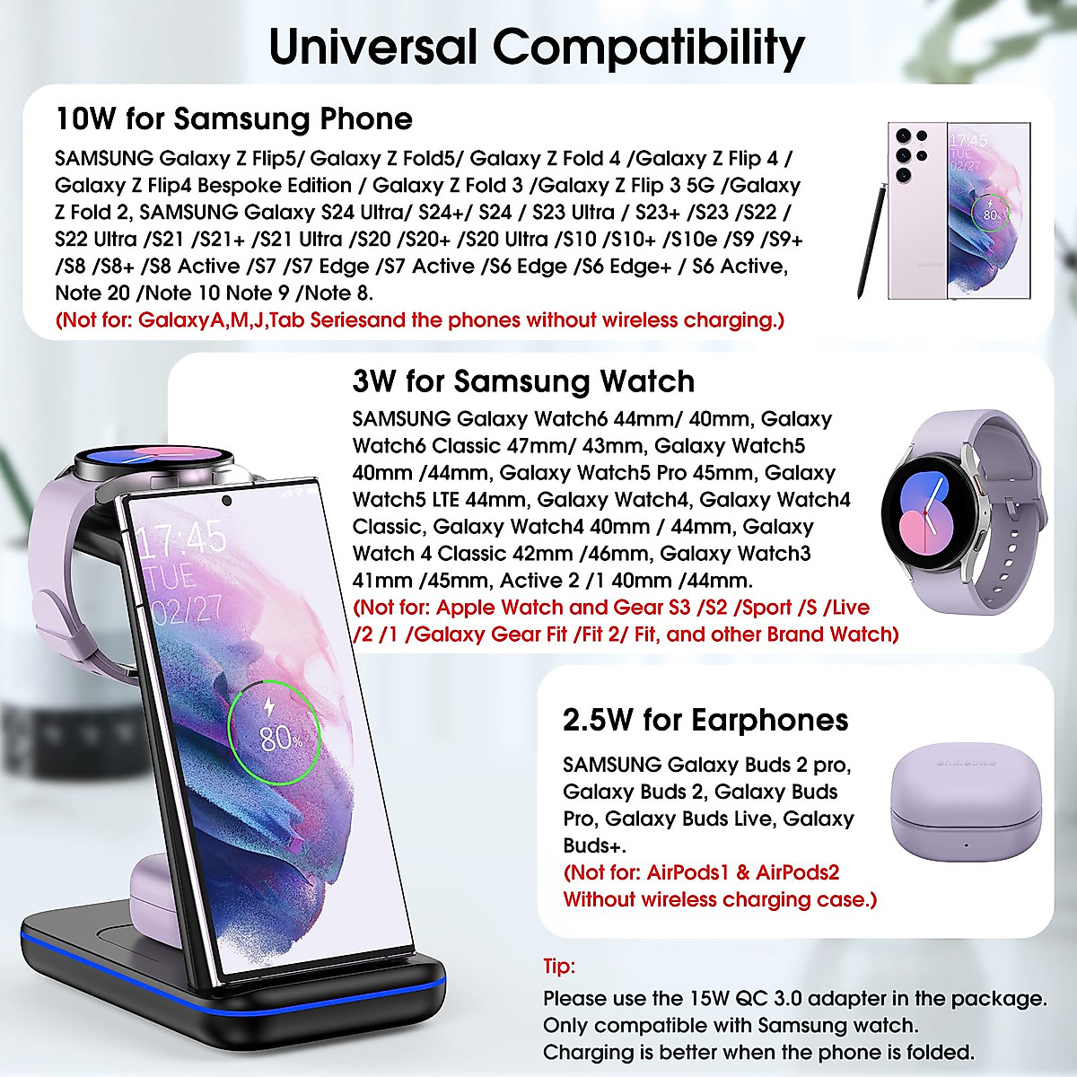 Wireless Charging Station for Samsung, S24 Ultra Wireless Charger Station for Galaxy S24/23/22/21/Z Flip 4/3 Fold 4/3, Wireless Watch Charger for Galaxy Watch 6/5/4/3/Active 2/1/LTE, Buds/Pro/+/Live