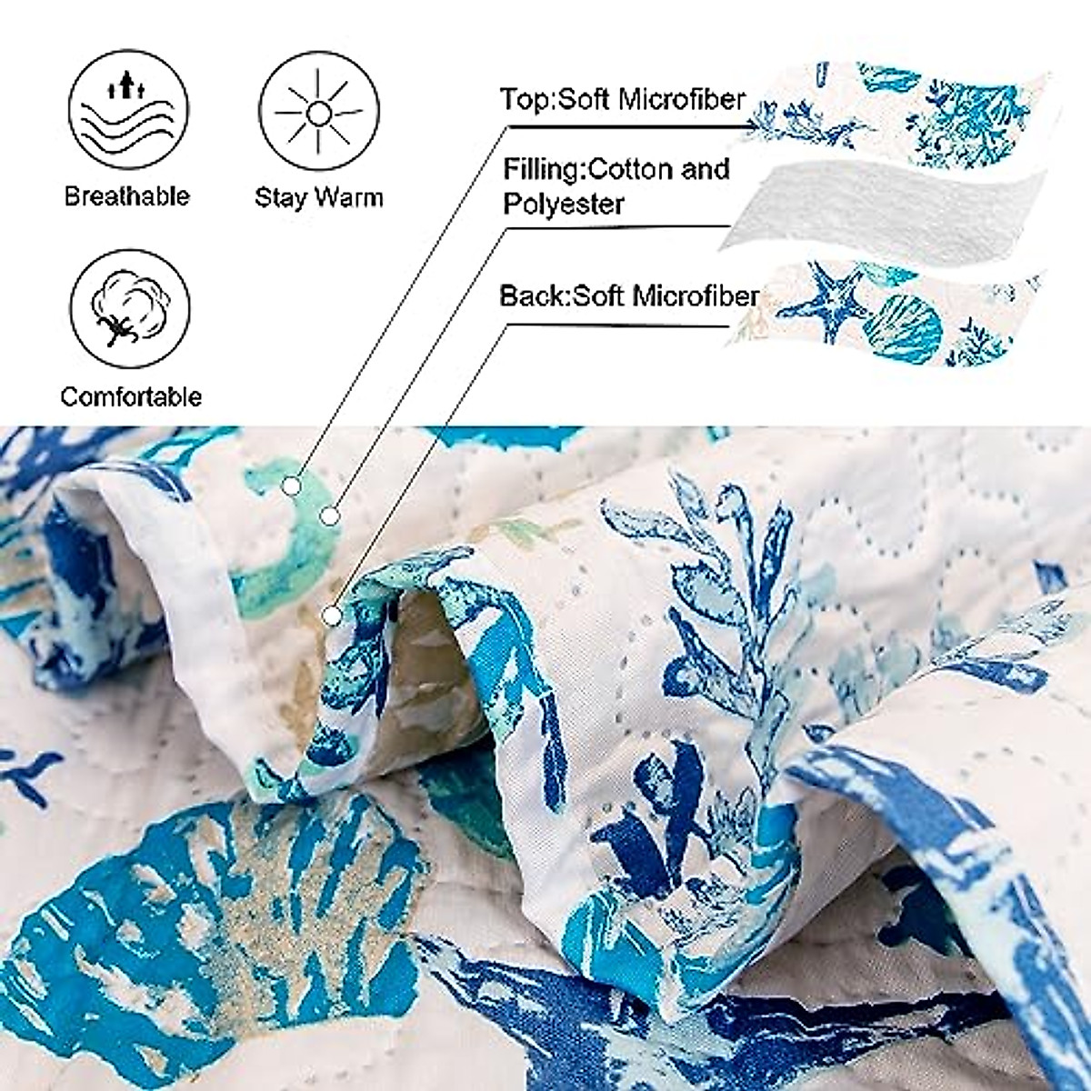 3 Piece Ocean Daybed Cover Set Twin Reversible Daybed Bedding Sets Beach Theme Day Bed Cover Starfish Shell Seaweed Seahorse Printed Bedspread Coverlet for Twin Bed with 2 Standard Shams,39"x75"