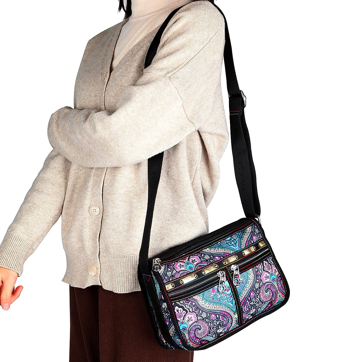 Oudduo Women Lady Shoulder Bag Mandala Black Nylon Crossbody Bag Casual Crossbody Bag Multiple Compartments