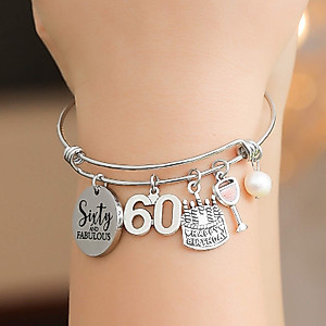Miss Pink 60th Birthday Jewelry Gifts for Women Stainless Steel Expandable Bangle 60 Year Old Charm Bracelets for Daughter Granddaughter