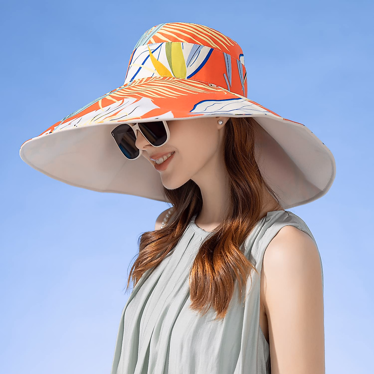 HUAMULAN Women Wide Brim Summer Sun Hat Wired Edge Floral Beach Fishing Bucket Hats Reversible Foldable Travel UV Protection