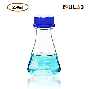ULAB Scientific Erlenmeyer Flask with Blue Screw Cap, 8.5oz 250ml, 3.3 Borosilicate with Printed Graduation, UEF1016