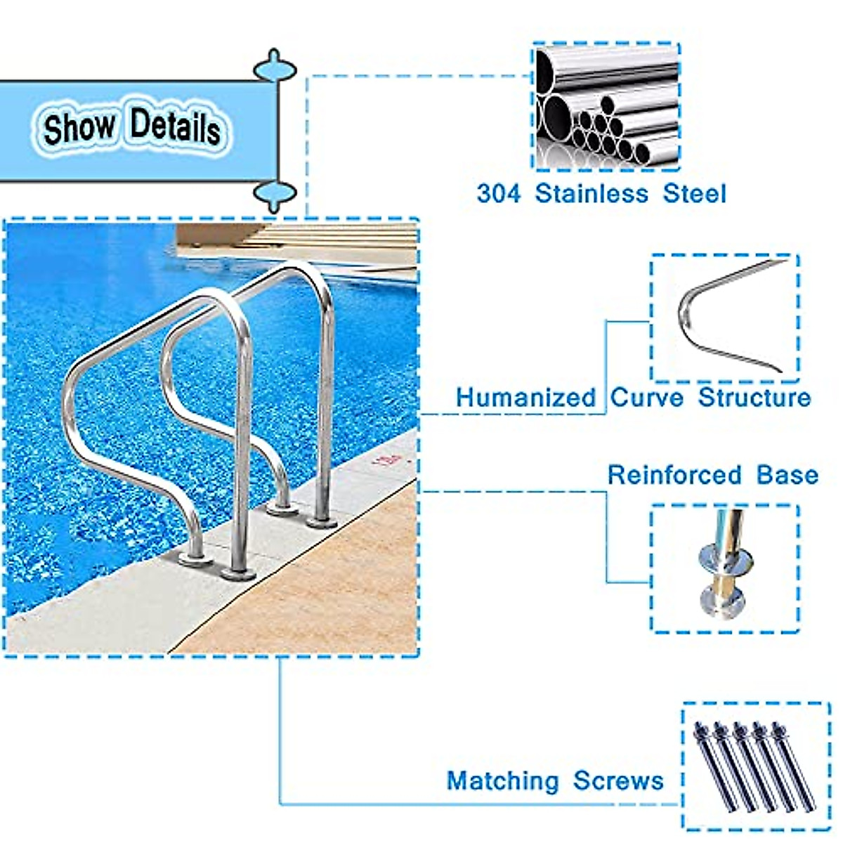 Swimming Pool Handrails, 304 Stainless Steel Safety Handrails Easy-to-Install Ramp Bumper for Garden Backyard Pools Anti-Slip and Anti-Rust(1pcs)