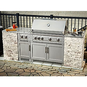 NewAge Products Signature Series 6 Piece Outdoor Kitchen Cabinet Set, Stainless Steel 5-Burner BBQ Liquid Propane Gas Grill, Compact Family Patio Barbecue Grilling Set, Ivory Travertine, 68580