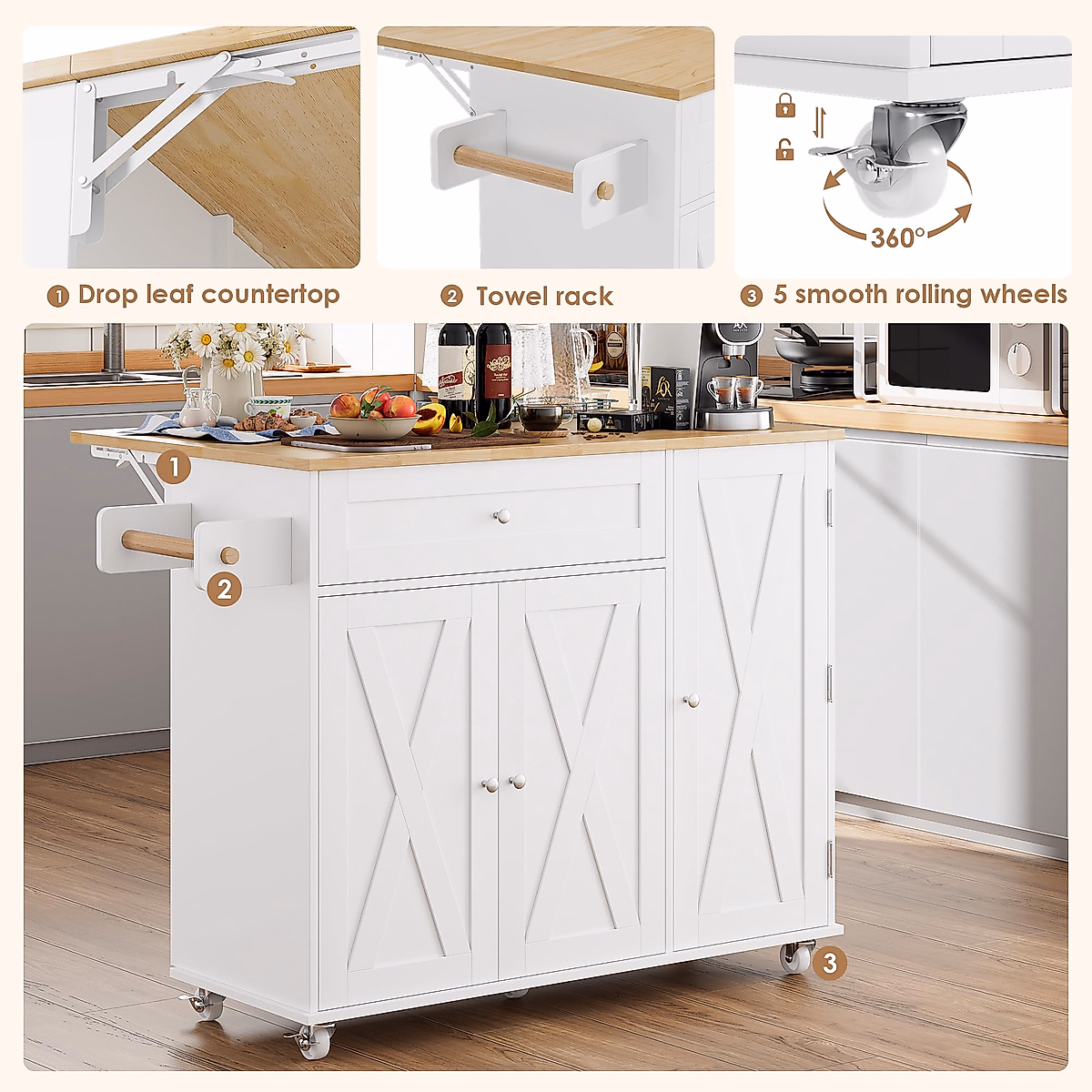 BOTLOG Kitchen Island with Storage, Island Table on Wheels with Drop Leaf, Spice Rack, Drawer, Towel Rack, Rolling Kitchen Island Cart for Dinning Room, White 15.7-27.55" D x 47.63" W x 35.43" H